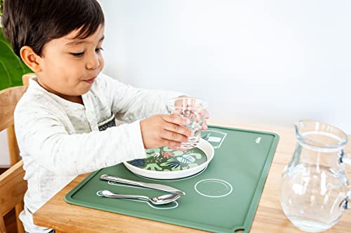 CHAMOS Montessori Placemat for Toddlers - Kids Silicone Mats for Dining Table - Set of 2 - Table Setting Learning (Sage and Beige)