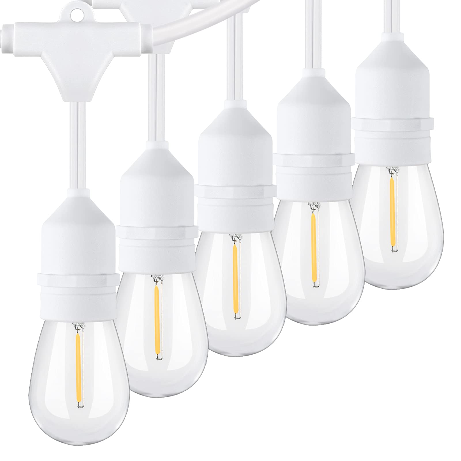 96FT(48×2) LED Outdoor String Lights for Patio with Waterproof Shatterproof Dimmable 2700K Warm White Bulbs, E26 15 Sockets, White Wire Commercial Grade Hanging Lights for Porch Cafe Backyard