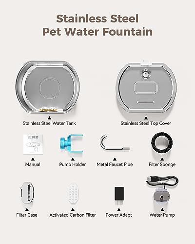 Cat Water Fountain Stainless Steel: 3.2L/108oz Large Automatic Quiet Pet Water Fountain - Dog Water Dispenser with Water Level Window - Multiple Pets - 4 Filter Replacement