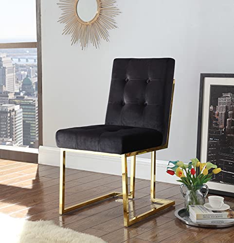 Iconic Home Liam Contemporary Brass Metal Frame Modern Tufted Velvet Polished Dining Side Chair, Black (Set Of 2)