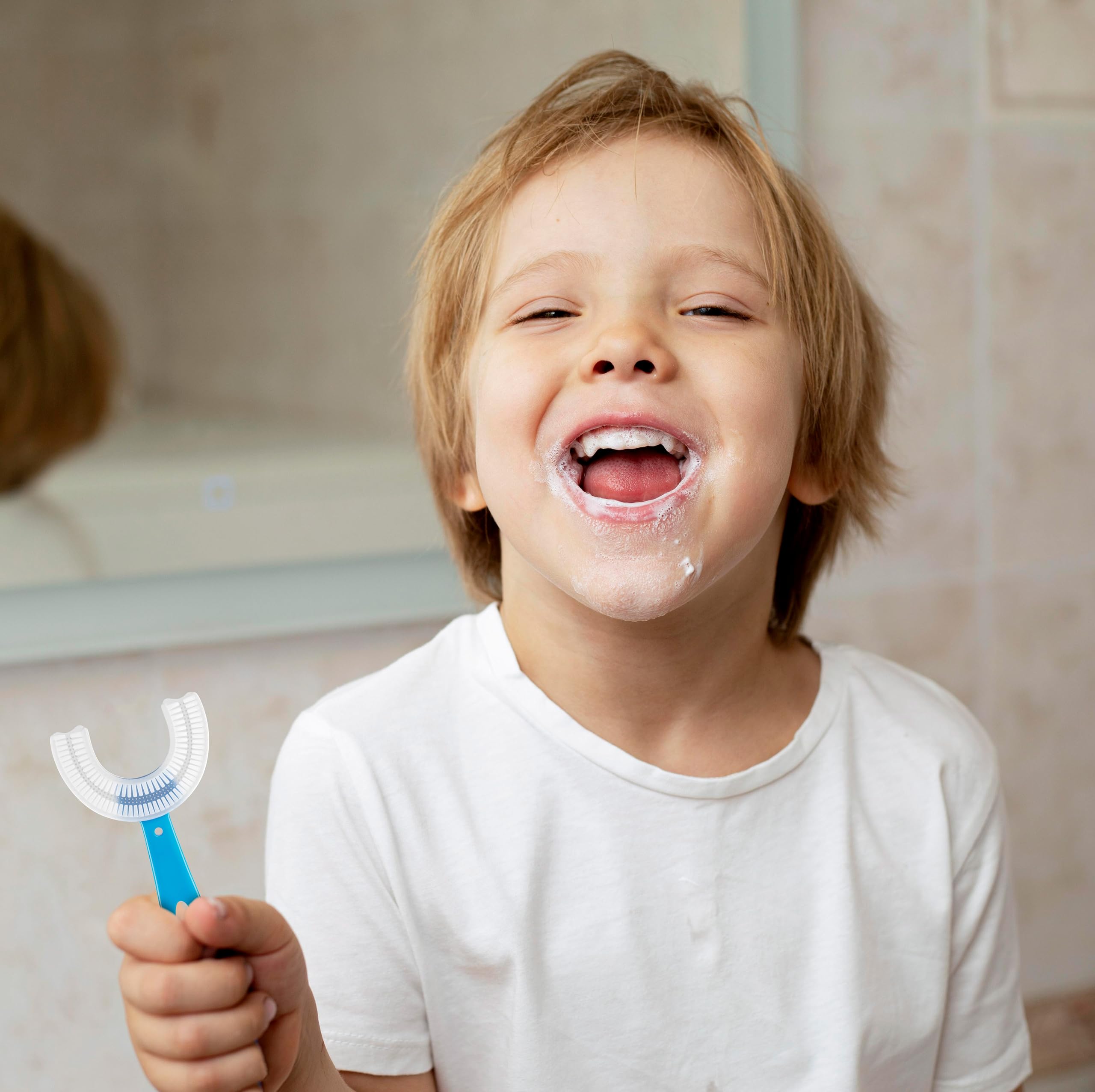 PUREVACY Kids U Shaped Toothbrush for 2-8 Years Old, 4 Pack Blue Food-Grade Silicon All Around U Shape Toothbrush, Funny Full Mouth Toothbrush for Kids with Soft Bristles and Ergonomic Handle