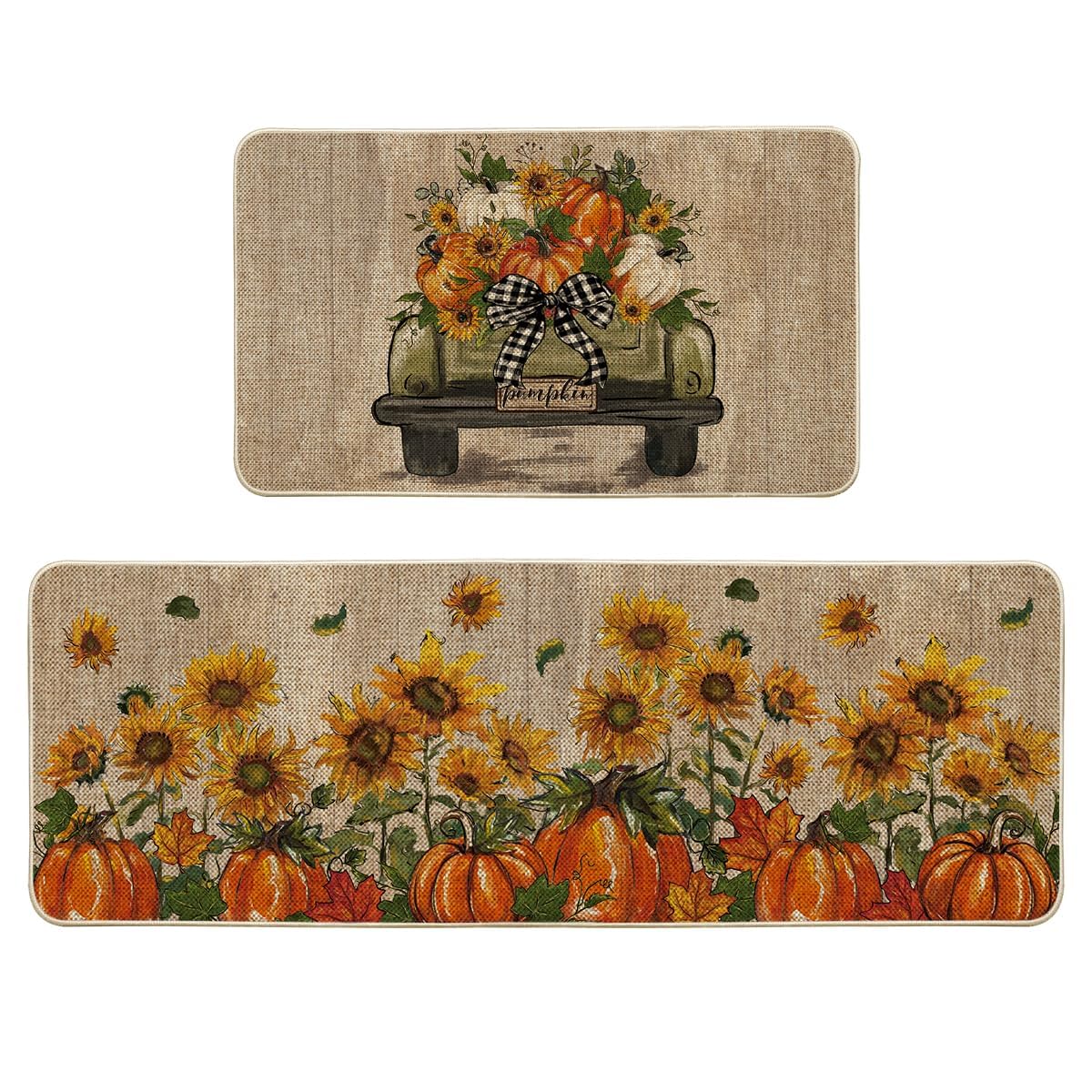 Artoid Mode Truck Pumpkin Sunflowers Fall Kitchen Mats Set of 2, Autumn Home Decor Low-Profile Kitchen Rugs for Floor - 17x29 and 17x47 Inch