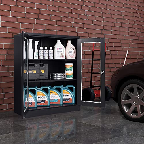 Anxxsu Metal Storage Cabinet with Glass Door, Locking Display Storage Cabinet with 2 Glass Doors and 2 Adjustable Shelves for Home, Office, Bedroom Storage (Black)