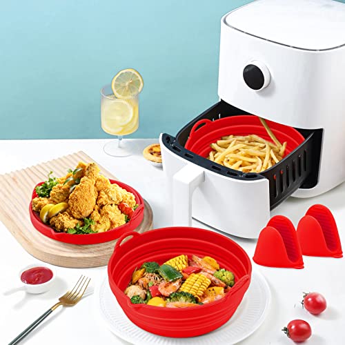 Air fryer Silicone Liners Reusable, 7.5IN Air Fryer Silicone Pot, Foldable Silicone Air Fryer Basket with Silicone Oven Mitts (Red)