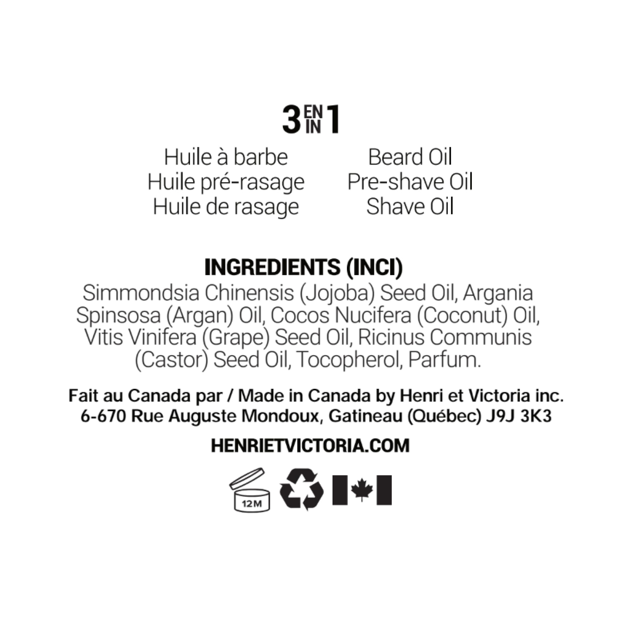 HENRI ET VICTORIA Beard Oil Cognac and Cuban Cigars Fragrance | Canadian Made by Skilled Artisan | Moisturizing, Non-Greasy, Natural Ingredients | 28g (1oz)
