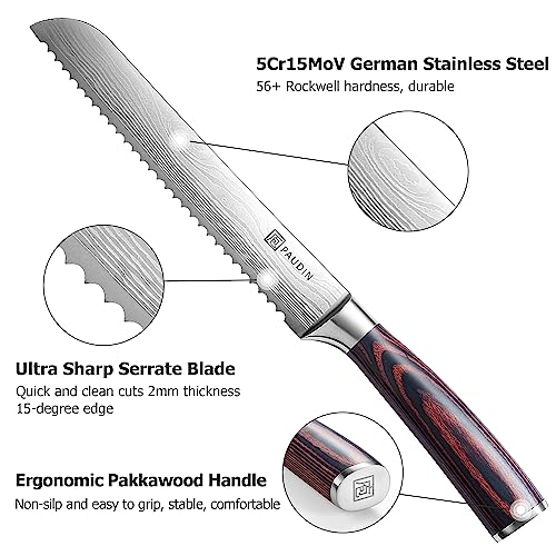 PAUDIN Bread Knife 8 inch, Ultra Sharp Serrated Knife, German High Carbon Stainless Steel, Bread Cutting Knife, Professional Grade Serrated Bread Knife, with Ergonomic Handle and Gift Box