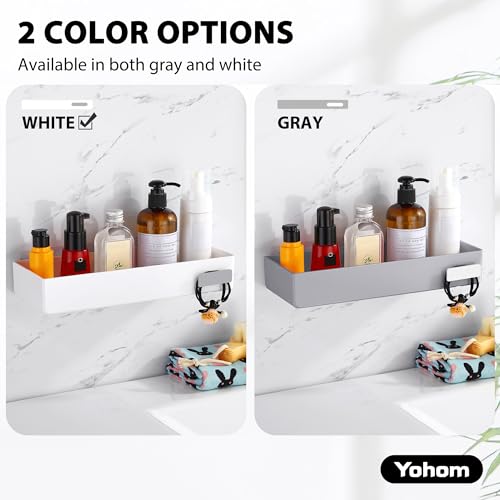 YOHOM White Adhesive Bathroom Caddy Organizer for Tile Wall Mounted Stick on Shower Caddy Floating Shelf Plastic Shampoo Holder with Hook
