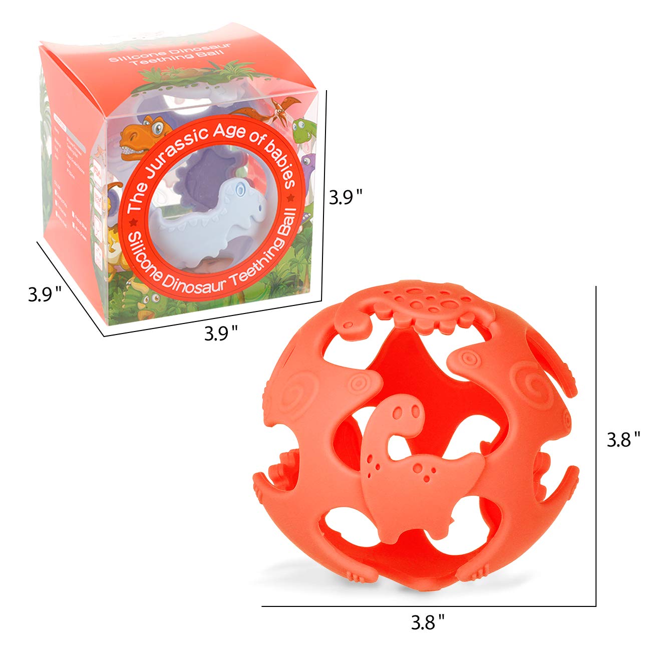 Baby Teething Toys for 3+ Months, Dinosaur Teethers for Babies, Safe Baby Teether Ball, Baby Teething Pacifier, Soft and Durable Teething Balls, (Red)