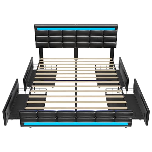 ADORNEVE Queen Bed Frame with LED Lights Leather Platform Bed with Storage Drawers and Charging Station, LED Bed Frame Queen Size with Adjustable Headboard, No Box Spring Needed, Black