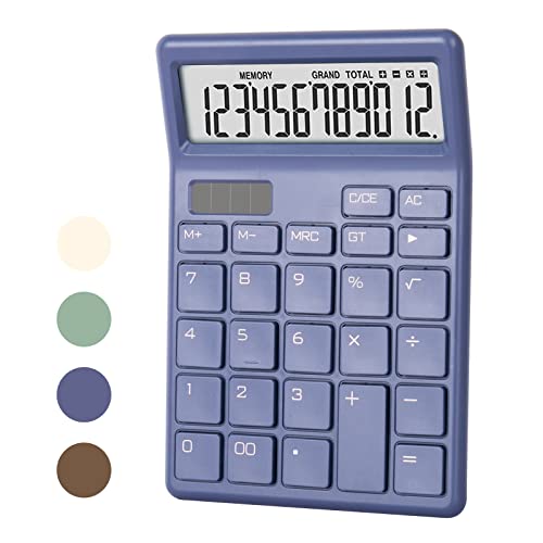 Calculators Desktop, Large Display Solar and Battery Power, Aesthetic Office Supplies, 12 Digit Small Basic Standard Functional Desk Calculator Cute for Office, Home, School (Blue)