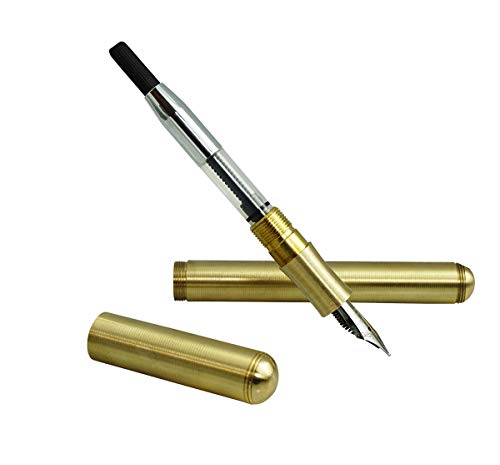 Lanxivi Brass Fountain Pen EF Bent Nib 0.7mm,Travel Pocket Fude Pen, Unique Style Bullet Shape with Metal Box