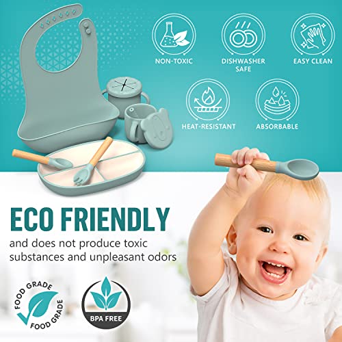 CAVEE Baby Led Weaning Utensils Infant First Stage BLW 6-12 Months Silicone Feeding Set (BPA-Free) with Suction Plate and Sippy Snack Cup 2-in-1 Easy-Clean Toddler Eating Essentials Infant