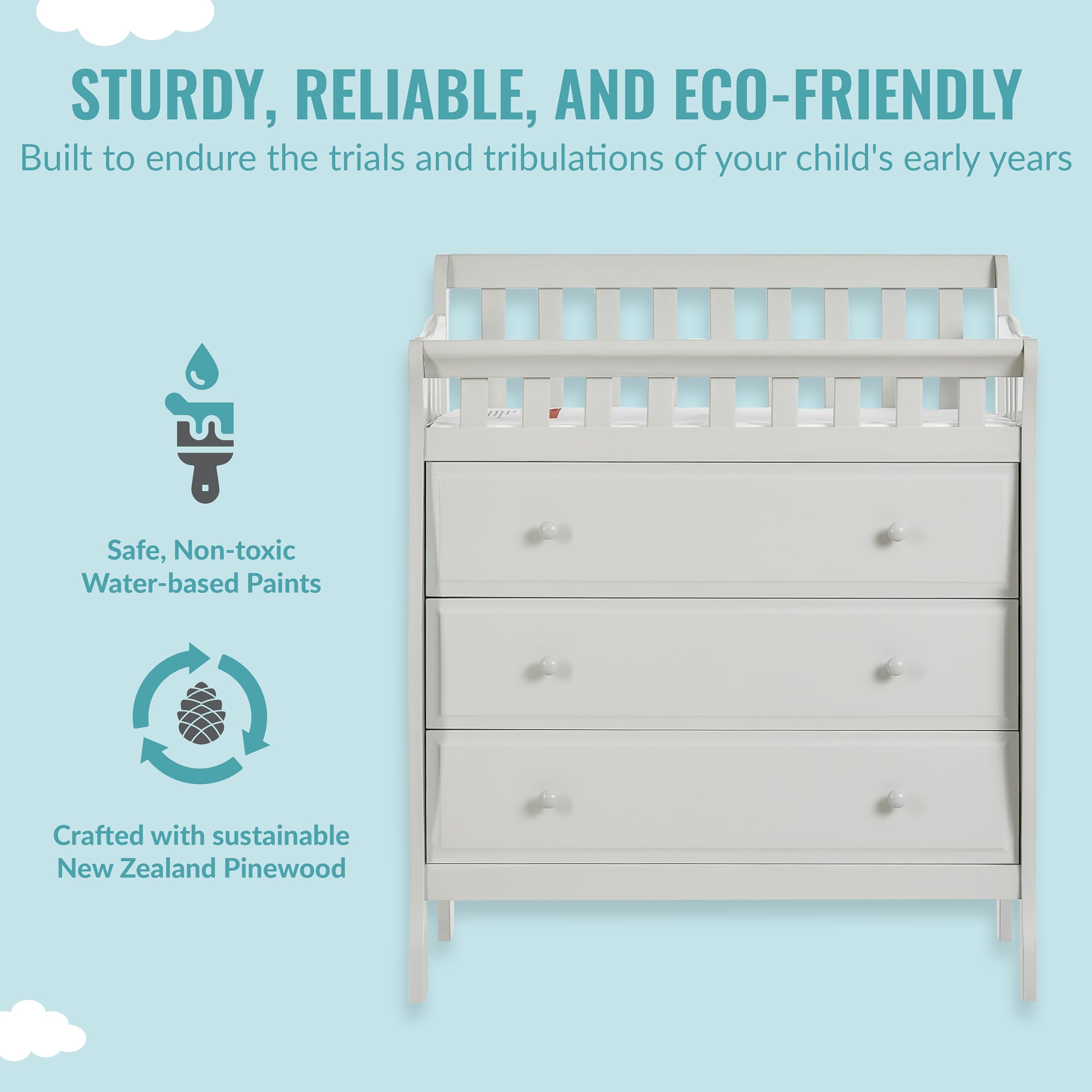 Dream On Me Marcus Changing Table And Dresser In Grey, Features Three Spacious Drawers, Non-Toxic Finishes, Comes With 1" Changing Pad, Made Of Solid Wood