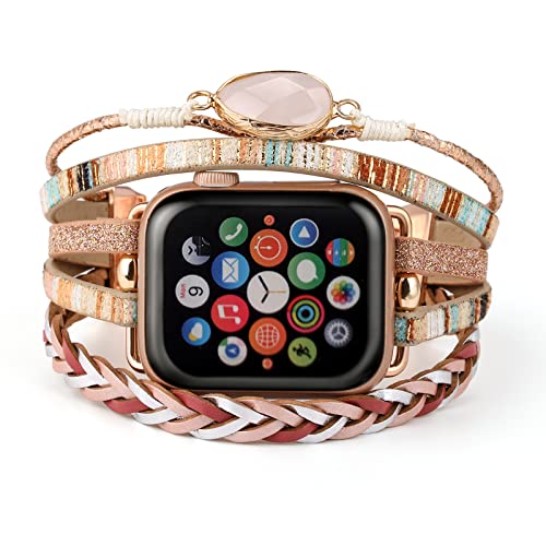 CHARMINGO Boho Leather Wrap Bands Compatible with Apple Watch Band Bracelet for Women Men 38mm/40mm/41mm, Multilayer Apple Watch Strap for Iwatch Band Series 8/7/6/5/4/3/2/1/SE Ultra