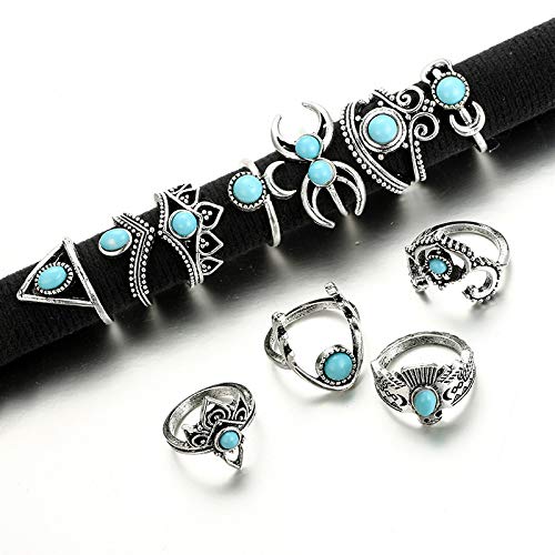 50Pcs Boho Knuckle Rings Set Turquoise Gemstone and Crystal Vintage Stackable Finger Rings Midi Ring for Women Hollow Carved Flowers Gold&Silver Ring Crystal Joint Rings