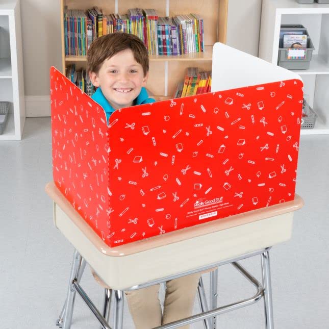 Large Privacy Shields for Student Desks β Set of 12-3 Group Colors -Gloss - Study Carrel Reduces Distractions - Keep Eyes from Wandering During Tests, Red, Blue & Green School Supplies Pattern