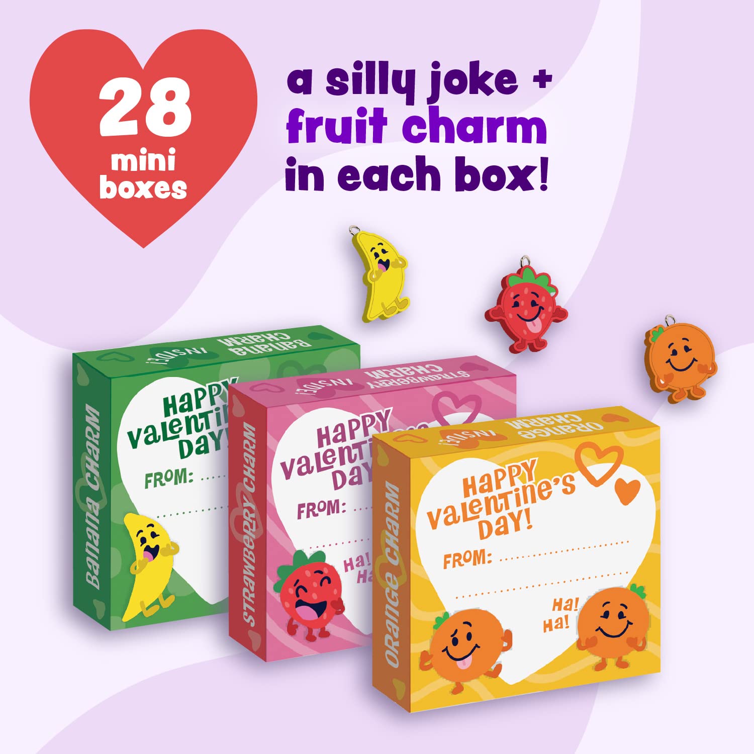 Peaceable Kingdom Valentines Cards for Kids Classroom, Set of 28 Valentines Day Gifts - Silly Jokes with Fruit Charms
