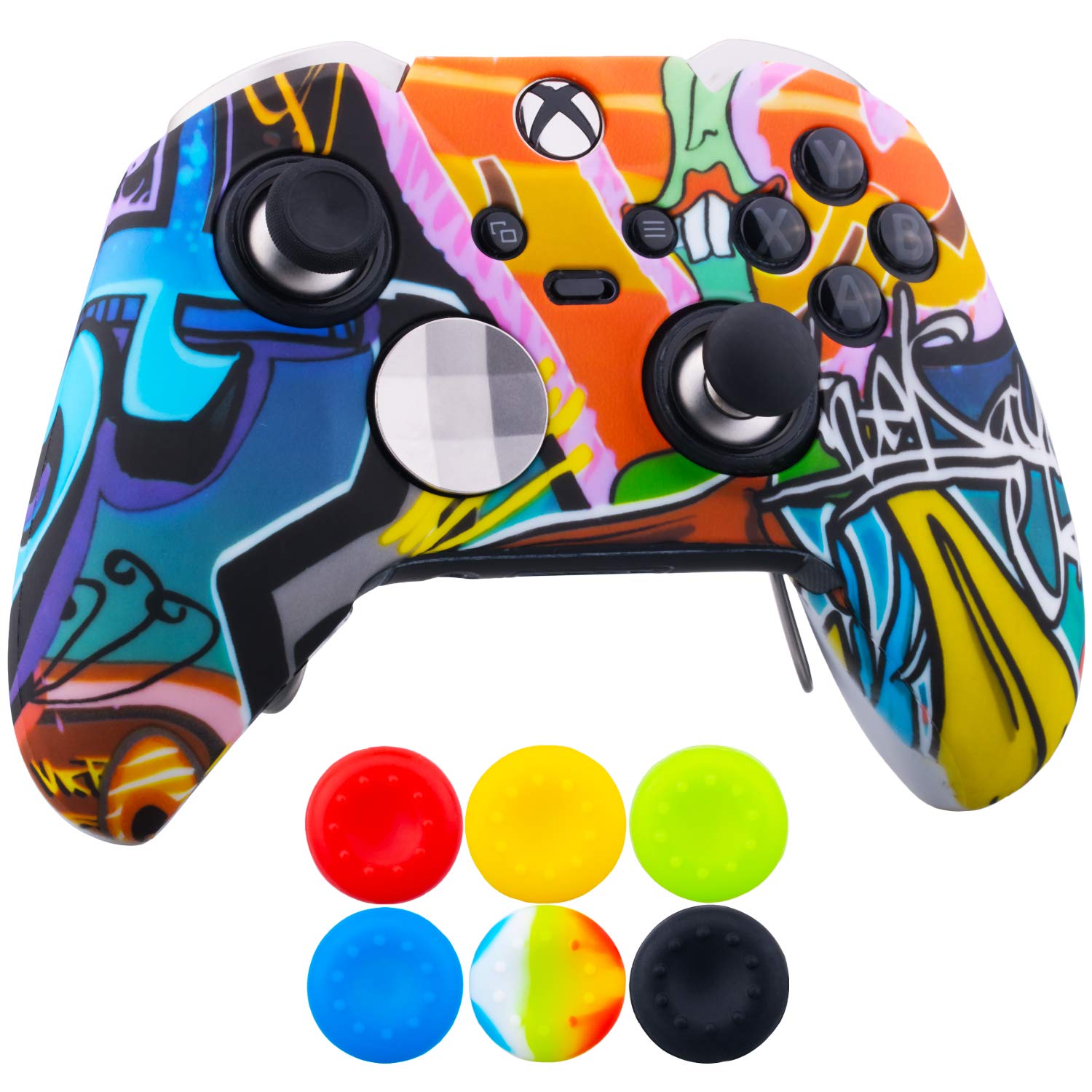 9CDeer 1 x Protective Customize Transfer Print Silicone Cover Skin Cartoon Paints + 6 Thumb Grips Analog Caps for Xbox Elite Wireless Controller Compatible with Official Stereo Headset Adapter