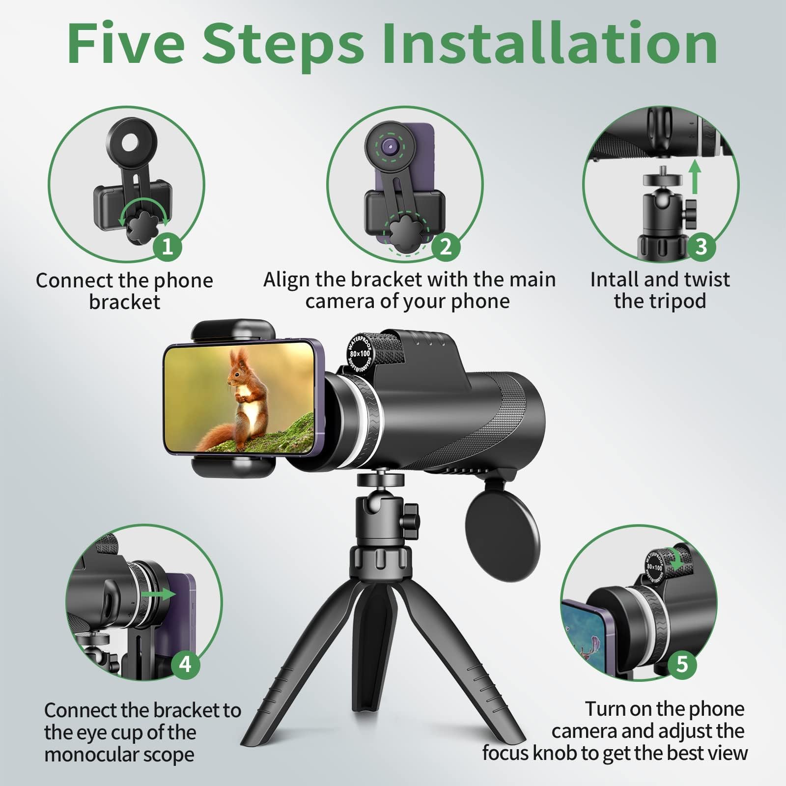 80x100 HD Telescope, High Power Monocular for Adults with Smartphone Adapter & Tripod, Night Vision Monocular for Hunting Star Bird Watching Wildlife Camping Hiking (Black)
