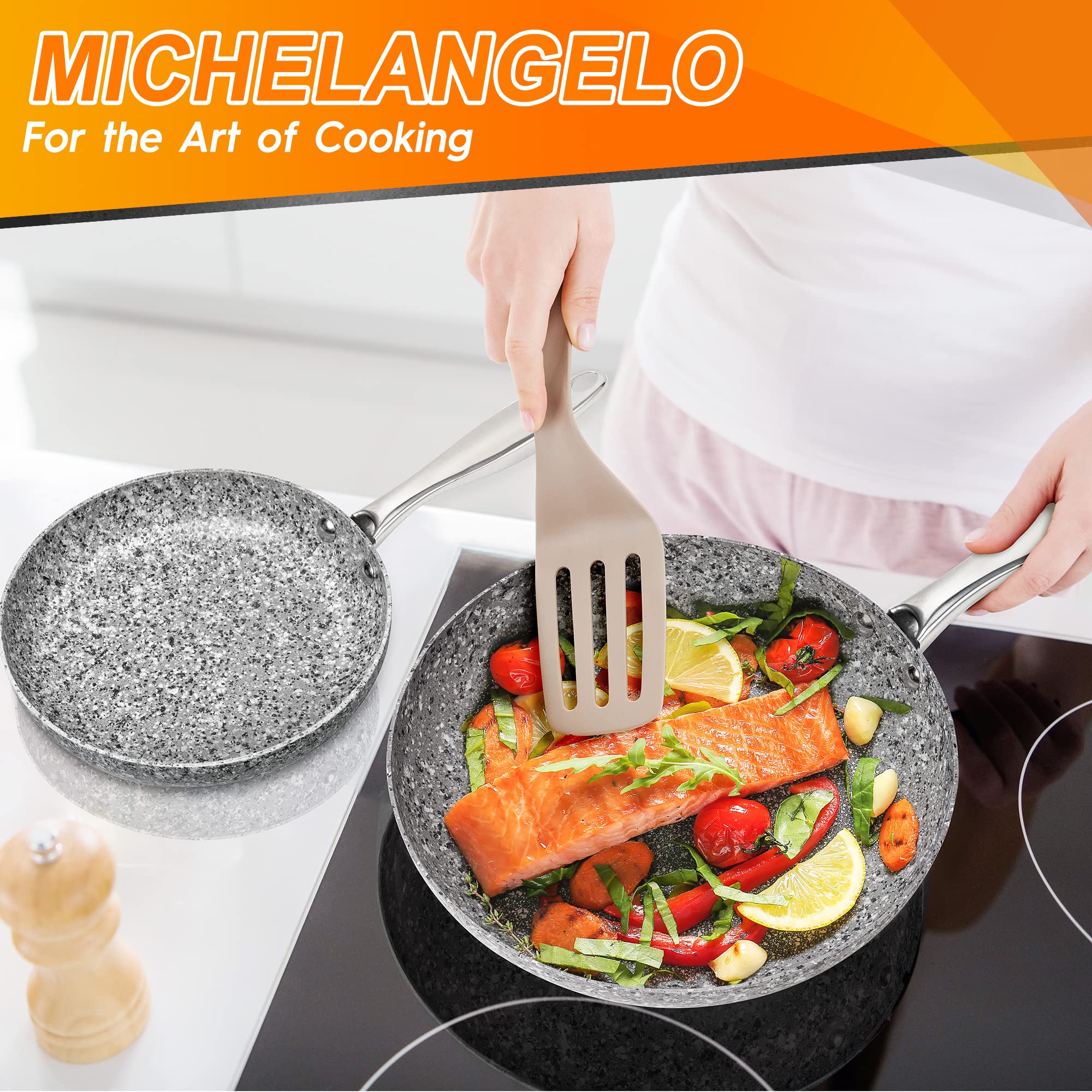 MICHELANGELO Frying Pan Set with Lid, 10" & 12" Stone Frying Pan Set with 100% APEO & PFOA-Free Non-Stick Coating, Granite Skillet Set with Lid, Nonstick Frying Pans 2 Piece