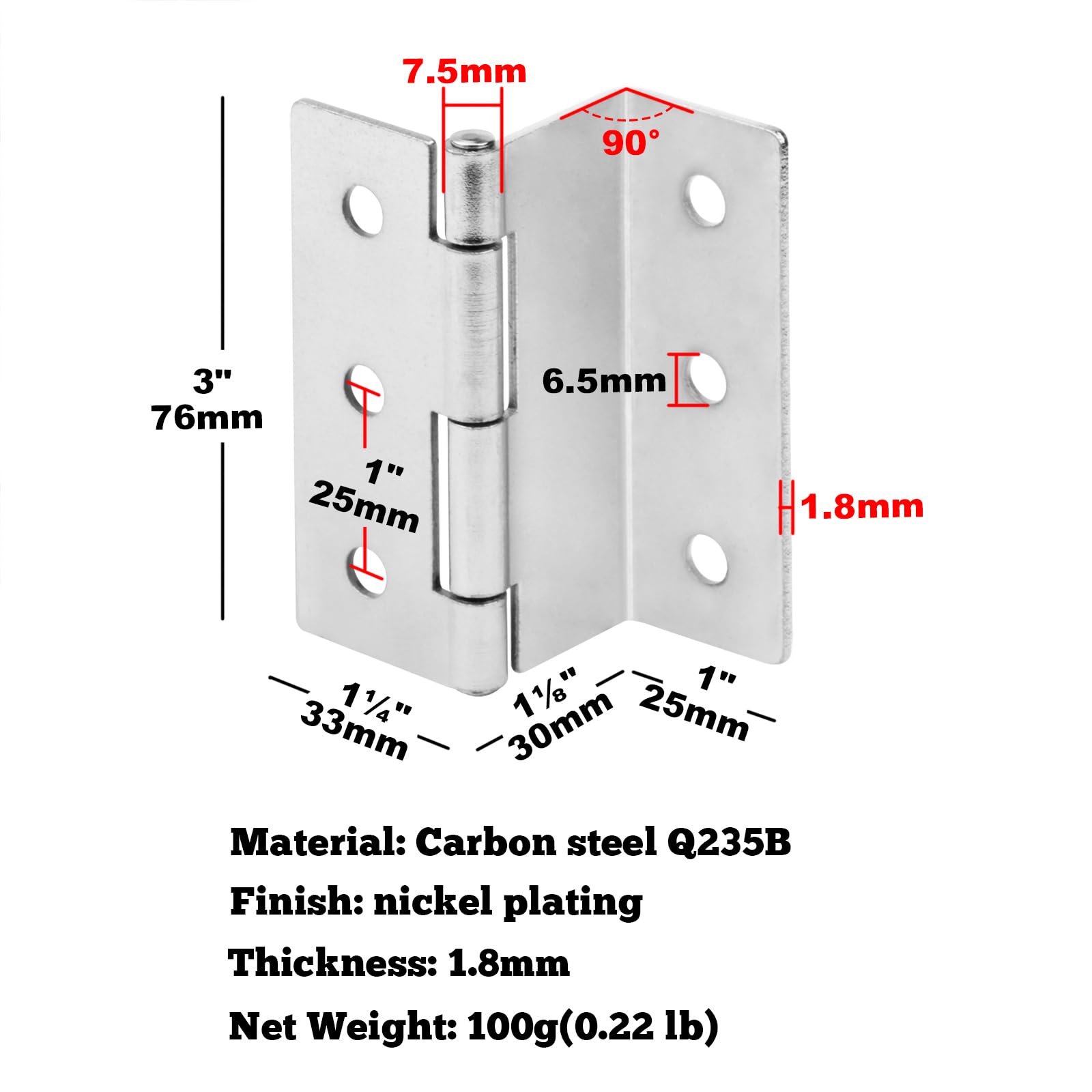 6 Pcs 3" Half-Surface Hinges Chest Hinges,Offset Door Hinges 1.8 mm Thickness Steel Shutter Hinges Semi-Concealed Three Fold Retro Hinges for Cabinet,Piano,Furniture, Max Load 66 lb