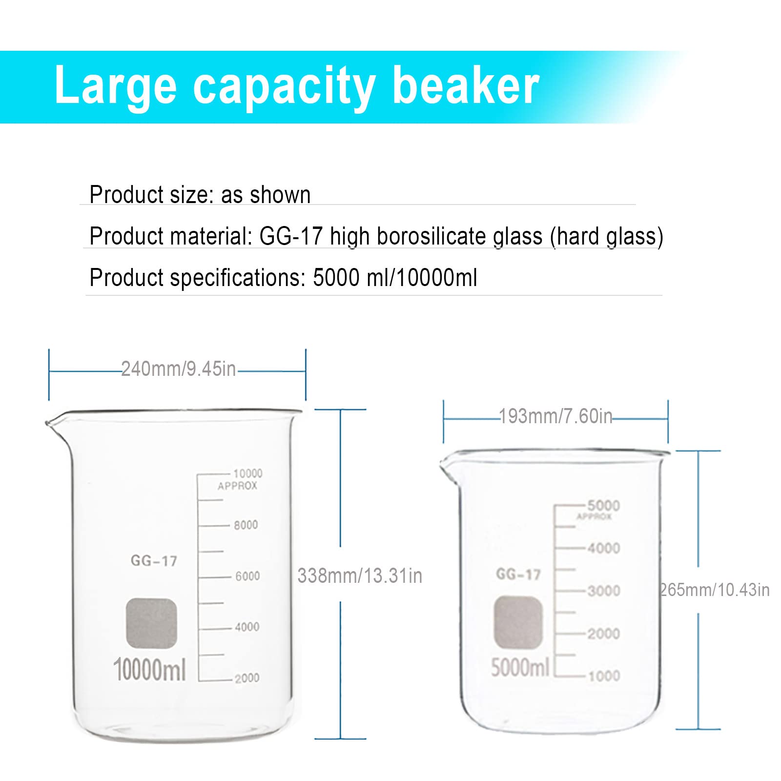 Large Capacity Glass Beaker, Borosilicate High Temperature Resistance Graduated Cup,lab School Chemistry Experiments Measure Mix Beaker with Pour Spout,10000ml,2pcs
