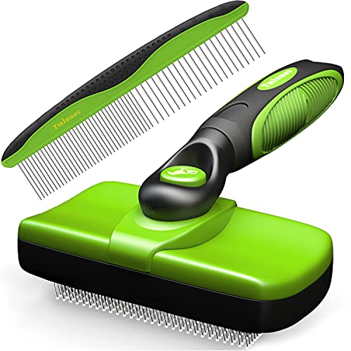 Tminnov Self Cleaning Dog Brush, Dog/Cat Brush for Shedding and Grooming, Deshedding Tool for long/short hair and large/small dogs, cats, rabbits, Gently removes loose and tangled pet hair. (Grooming Brush+Ccomb)
