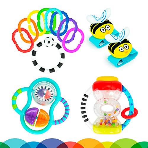 Baby's First Rattles Developmental Giftset for Newborns + | Includes Wrist Rattles, Hourglass Rattle, 9 pc Ring O’ Links, and Grasp & Spin Rattle