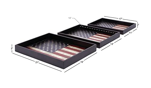 Deco 79 Wood Leather Trays, 21 by 19 by 17-Inch, Navy Blue, Set of 3