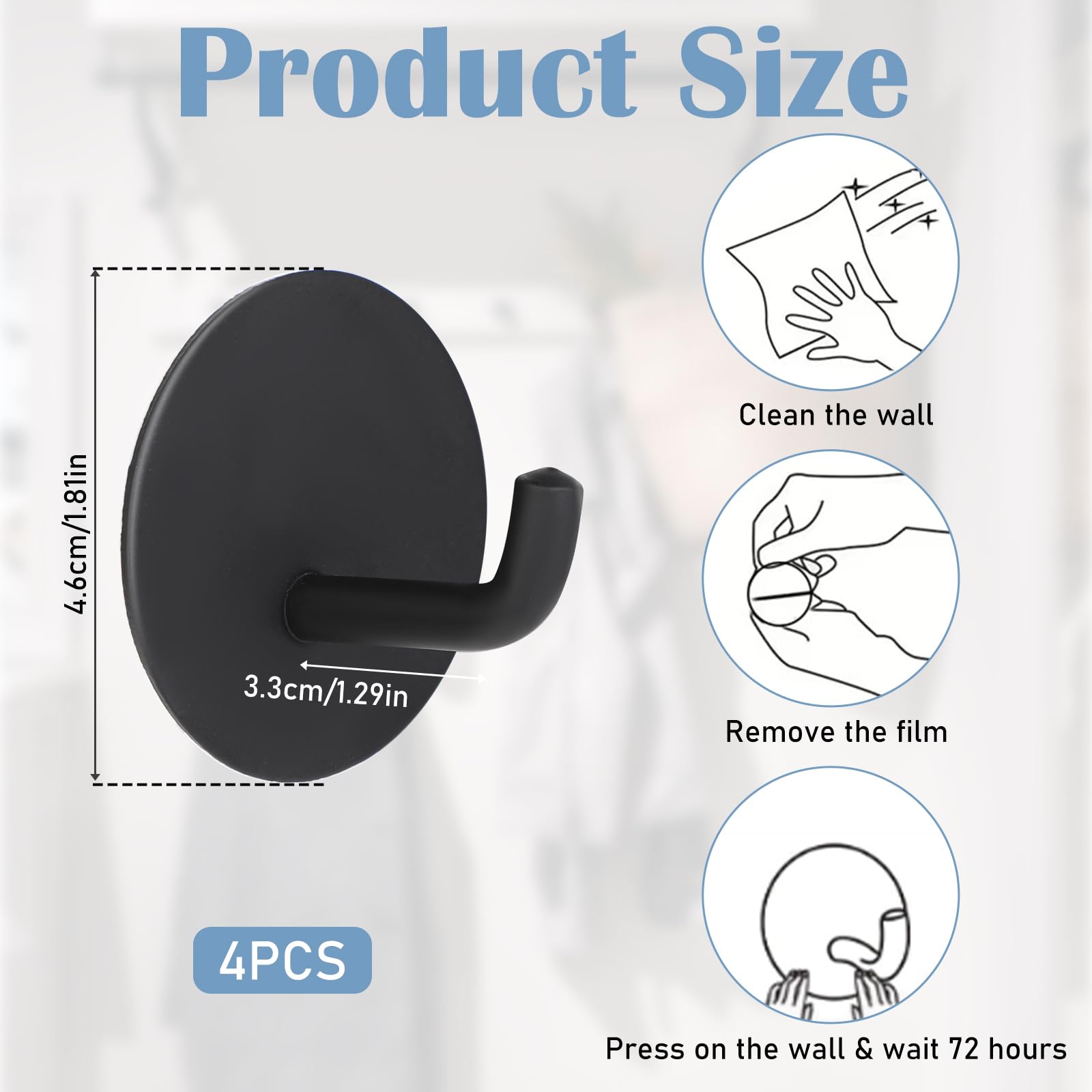 KALIONE 4 Packs Adhesive Hooks Stainless Steel Shower Hooks Wall Hooks for Hanging Black Heavy Duty Hooks Stick On Hooks, Kitchen Hooks Shower Wall Hooks for Kitchen Livingroom Bathroom