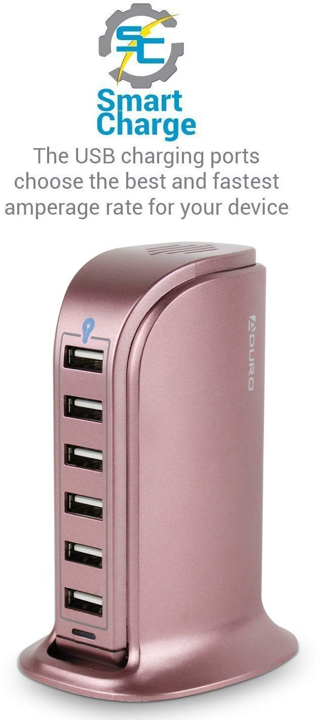 Aduro 40W 6-Port USB Desktop Charging Station Hub Wall Charger for iPhone iPad Tablets Smartphones with Smart Flow (Rose Gold)