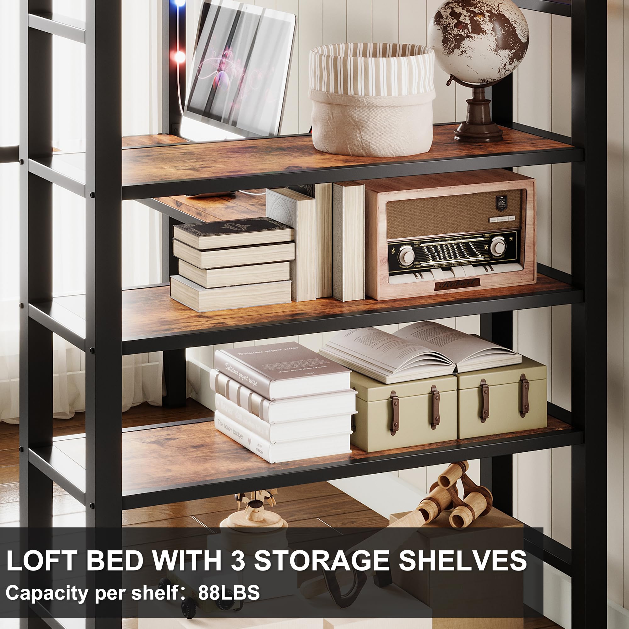 ANCTOR Loft Bed Twin Size with L Shaped Desk and Shelves, Heavy Duty Metal Loft Bed Frame with Power Outlet and LED Lighted, Space-Saving, Noise Free, Brown