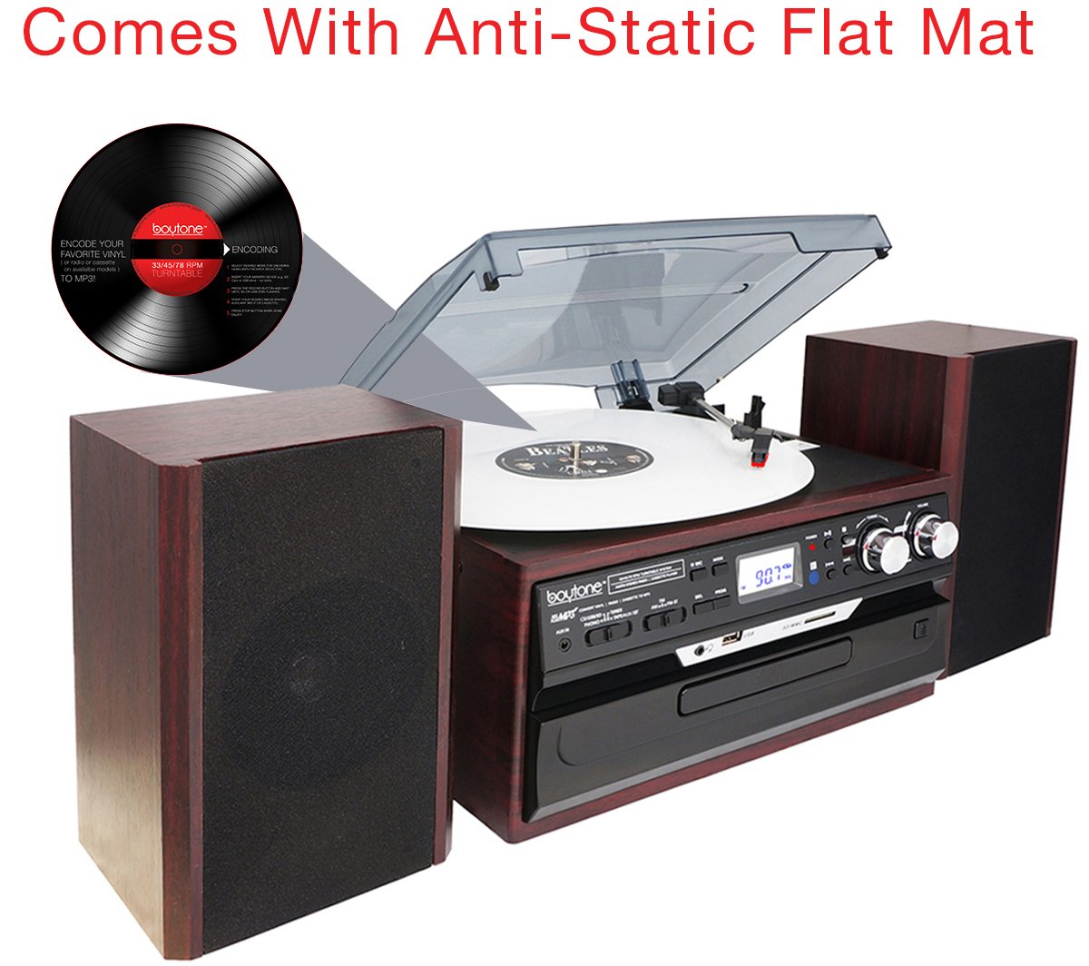 Boytone BT-24DJM Bluetooth Classic Style Record Player Turntable with AM/FM, CD/Cassette Player, Separate Stereo Speakers, Record from Vinyl, Radio, Cassette to USB with MP3 format, SD Slot, USB, AUX.