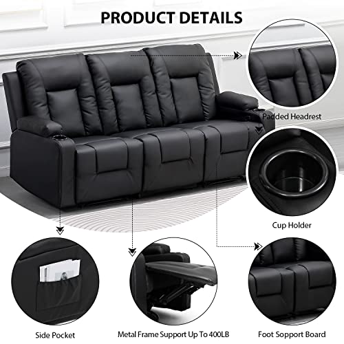 COMHOMA Recline Chair Set,Furniture 3PC Bonded Leather Recliner Set Living Room Set, Sofa with massger(Black, 3+2+1)