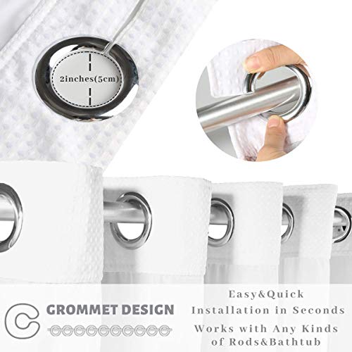 Ecoehoe Hotel Grade Waffle Weave Fabric Hook Free Shower Curtain with Magnets Snap-in Liner - Heavy Duty Bath Curtain with See Through Top Machine Washable 71" W * 79“ L White