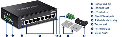 RENDnet 8-Port Hardened Industrial Gigabit DIN-Rail Switch, 16 Gbps Switching Capacity,IP30 Rated Metal Housing (-40 to 167 ºF),DIN-Rail & Wall Mounts Included, TI-G80 (Renewed)