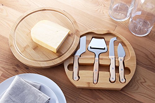 Juvale Cheese Board Set - Charcuterie Board and Cheese Tools, Cheese and Meat Board, Includes 1 Bamboo Cutting Board and 4 Piece Knife Tools, 10.2" x 10.2" x 1.5"