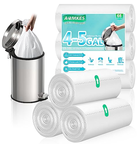AOMKES 4-5 Gallon Trash Bags - 66 Counts Bathroom Garbage Bags,Unscented Wastebasket Liners,Strong Kitchen Bin Bags,15-18Liters White Trash Bags For Office,Bedroom,Living Room,48x54CM