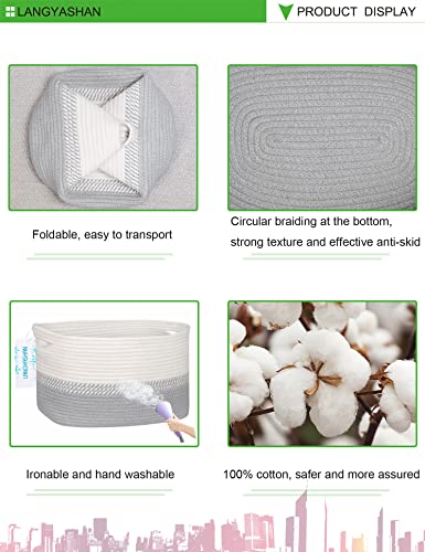 LANGYASHAN Rectangular Woven Rope Basket Decorative Blanket Basket for Living Room Storage or Nursery Laundry Basket Basket with Invisible Handles Laundry Hamper(Gray Invisible Handle)