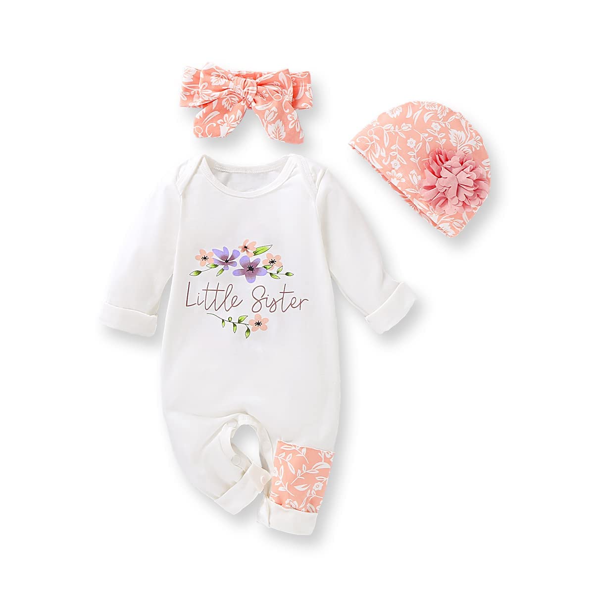 ChicRosa Baby Girl Clothes Little Baby Sister Newborn Outfit Long Sleeve Romper + Hat + Headband 3Pc Infant Clothing Set 0-3 Months