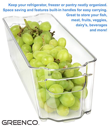 Greenco Clear Stackable Organizer Containers with Handles for Refrigerator Freezer Pantry Cabinets, Narrow Storage Bins for Kitchens, Bathrooms, and Closets, 14.5" x 3.5" x 3.75"