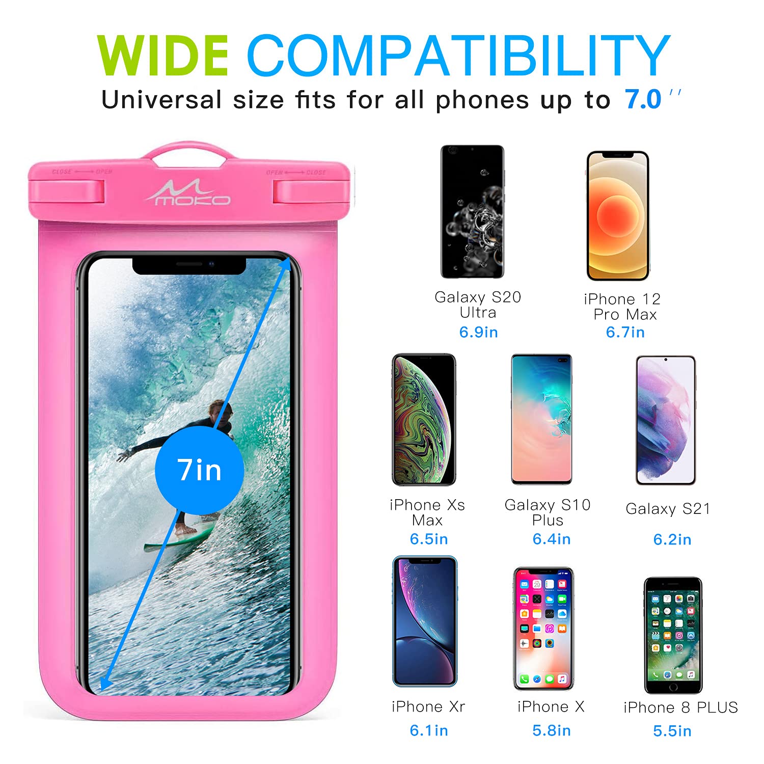 MoKo Waterproof Phone Pouch Holder [2 Pack], Underwater Phone Case Dry Bag with Lanyard Compatible with iPhone 14 13 12 11 Pro Max X/Xr/Xs Max/SE 3, Samsung S21/S10/S9/S8 Plus, Blue+Green+Pink