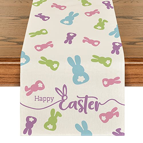 Artoid Mode Bunny Rabbit Doll Color Happy Easter Table Runner, Seasonal Spring Holiday Kitchen Dining Table Decoration for Home Party Decor 13x72 Inch