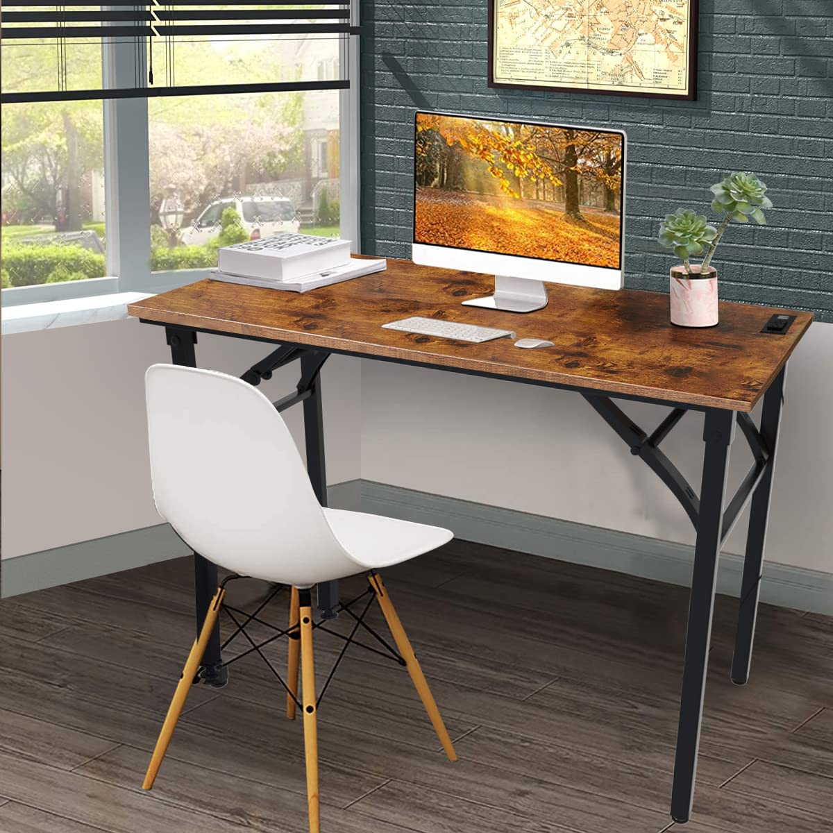 Frylr Industrial Computer Desk 43.3'', Home Office PC Desk with Power Outlet and USB Ports Charging Station, Study Workstation, Stable Metal Frame, Rustic Brown