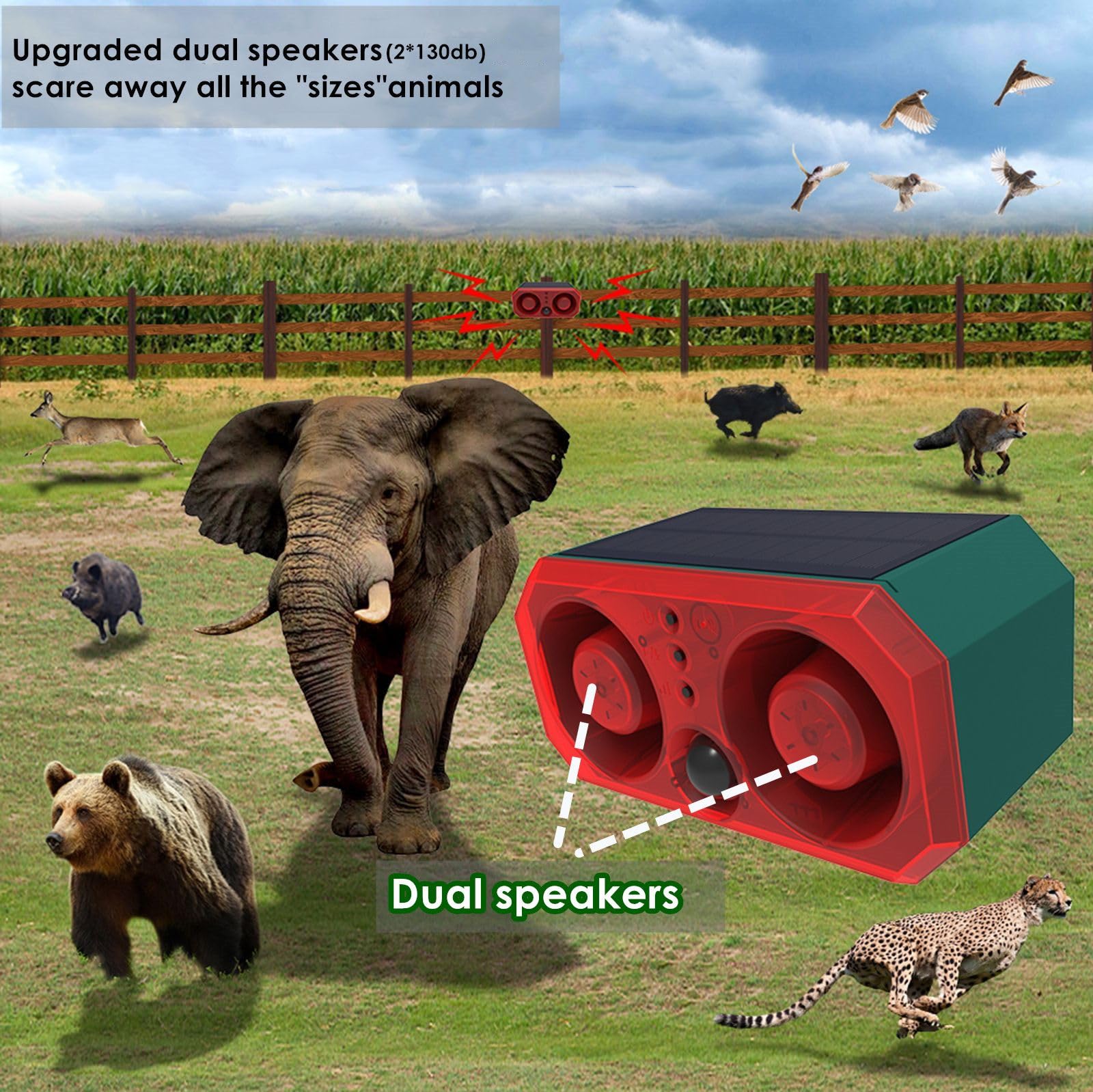 HULPPRE Solar Outdoor Motion Sensor Alarm-13 Sounds Including Dog Barking&Gunshot,2*130db Loud Noise Maker,+/-Volume,4 Modes,Support Recording,Strobe Light with USB,Say Goodbye to The Intruders