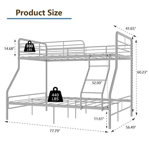Bunk Bed Twin Over Full, Heavy Duty Metal Bunk Bed Frame with Guard Rail & Flat Ladder Stairs, Space-Saving, No Box Spring Needed (Silver)