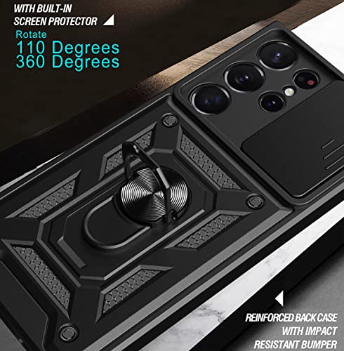 CCSmall Case for Samsung Galaxy S23 Ultra (Not S23) with Slide Camera Cover, Military Grade Drop Protective Phone Cover Case with Ring Kickstand for Samsung Galaxy S23 Ultra 5G SJ Black