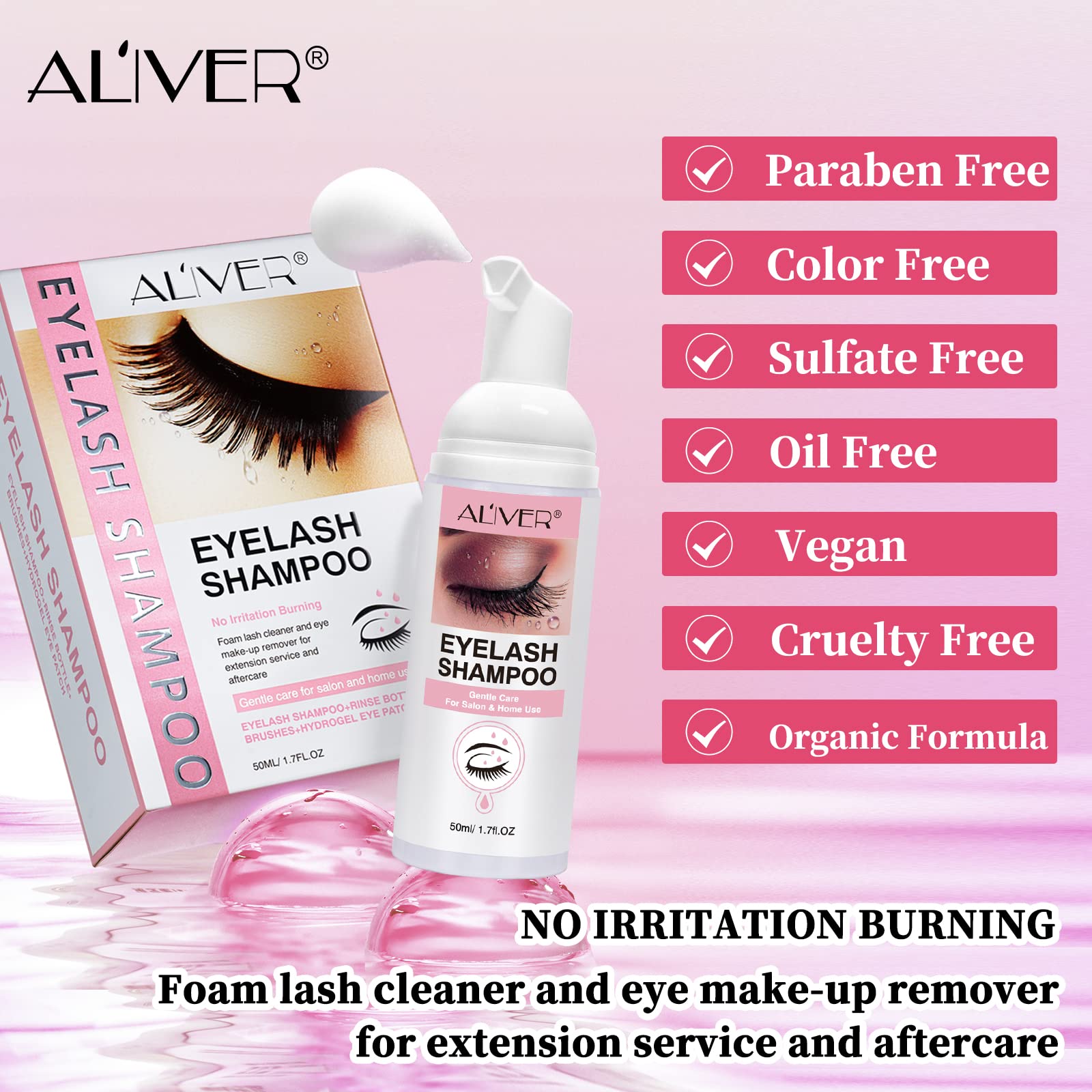 50ml Eyelash Foam Shampoo +10 Pcs Hydrogel Eye Patches+Mascara Brush + Cleaning Brush+ Rinse Bottle, Gentle & Friendly Lash Cleanser, Lash Bath, Eyelash Makeup Clean Just Needs 1-2 Minutes (Set A)