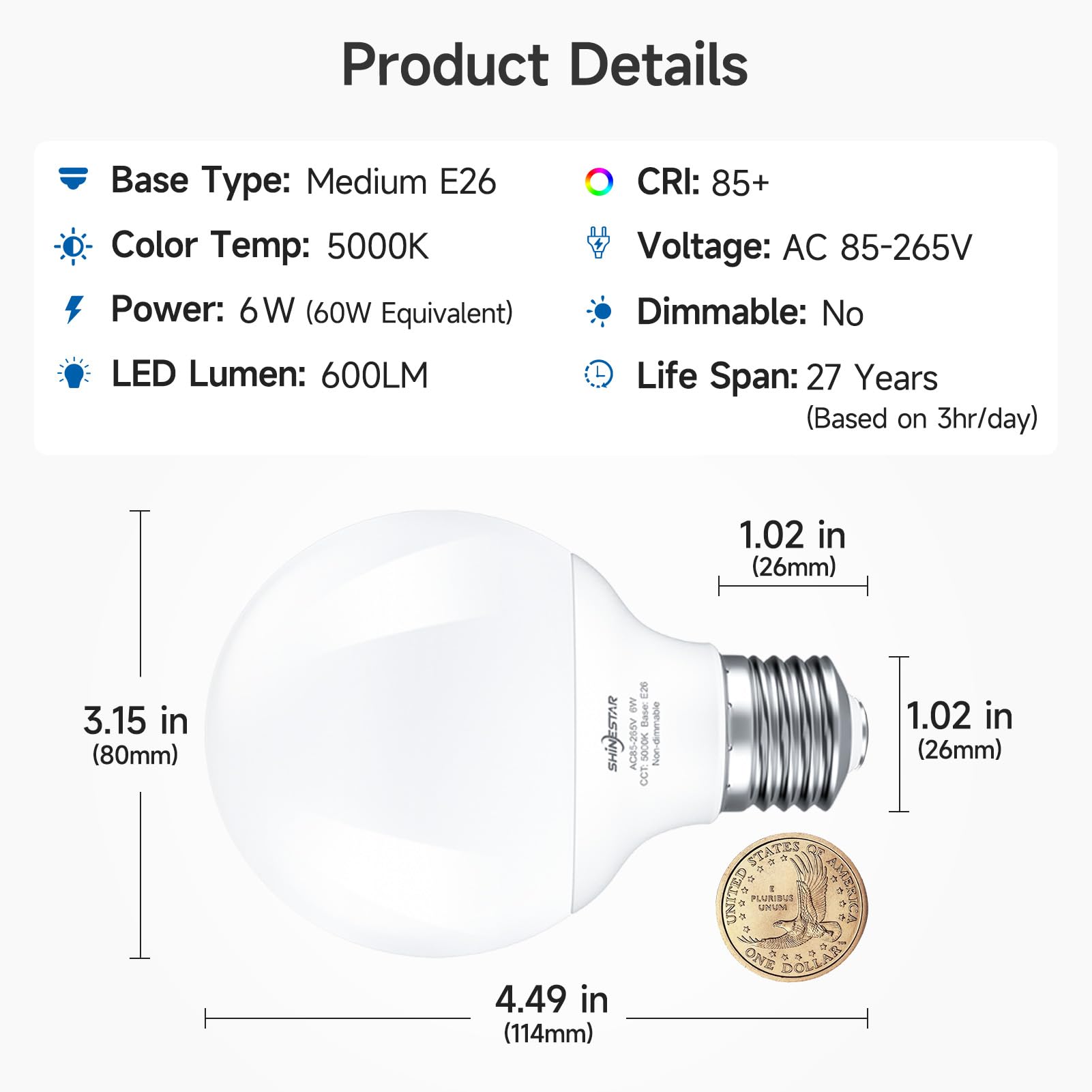SHINESTAR 4-Pack Vanity Light Bulbs, 60W Equivalent, 5000K Daylight, G25 LED Globe Light Bulbs for Bathroom, E26 Medium Base, Non-Dimmable