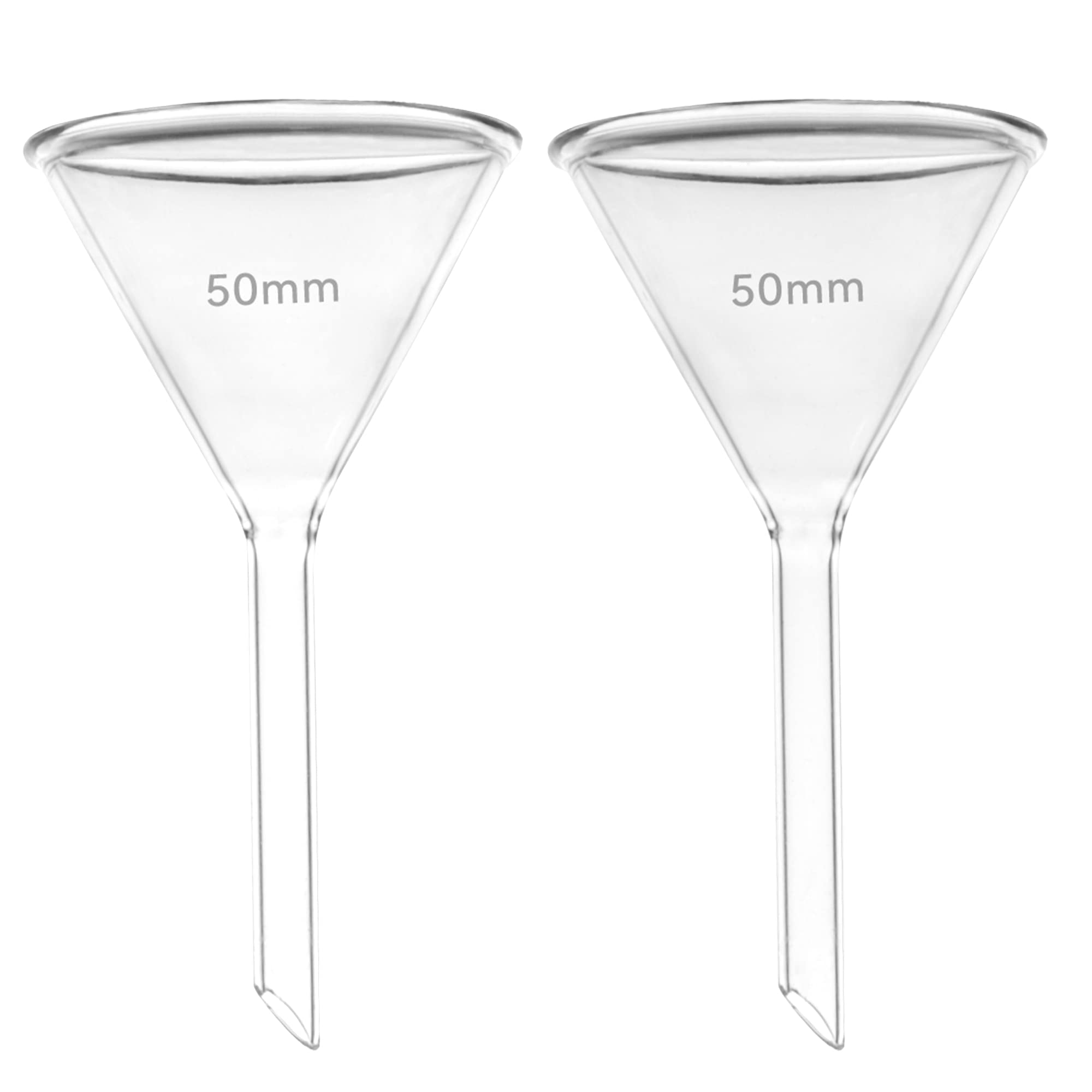 50mm Glass Funnel, 2 Pack Heavy Wall Borosilicate Glass Funnel, 50mm Stem Length – Premium Chemistry Reusable Funnel for Laboratories